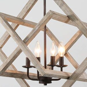 Rustic Wood Farmhouse Chandelier Vintage Geometric Lantern Pendant Light Dining Room Lighting Fixtures Ceiling for Kitchen Island Foyer Entryway