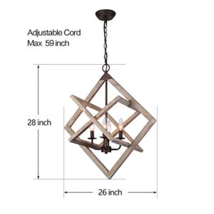 Rustic Wood Farmhouse Chandelier Vintage Geometric Lantern Pendant Light Dining Room Lighting Fixtures Ceiling for Kitchen Island Foyer Entryway