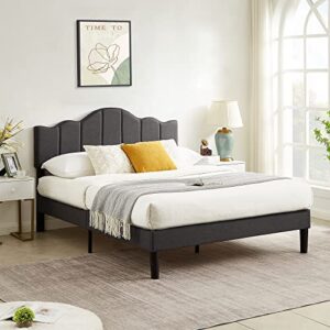 VECELO Upholstered Full Size Platform Bed /Mattress Foundation with Height Adjustable Headboard, No Boxing Spring Needed, Metal Frame/Strong Wooden Slat Support