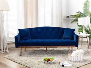 sleerway velvet futon sofa bed with two pillows, modern sleeper sofa couch with 3 adjustable angles, convertible loveseat for living room and bedroom, blue