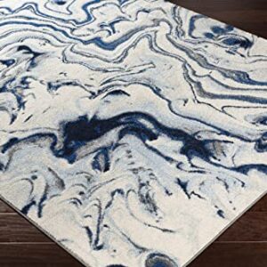 Glendon Abstract Coastal Living Room Bedroom Dining Room Area Rug - Marble Swirl Pattern Carpet - Modern Contemporary Bohemian - Ombre Blue, Royal Blue, Navy Blue, Grey, White - 5'3" x 7'3"