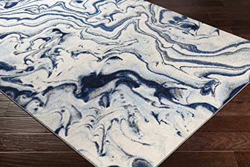 Glendon Abstract Coastal Living Room Bedroom Dining Room Area Rug - Marble Swirl Pattern Carpet - Modern Contemporary Bohemian - Ombre Blue, Royal Blue, Navy Blue, Grey, White - 5'3" x 7'3"