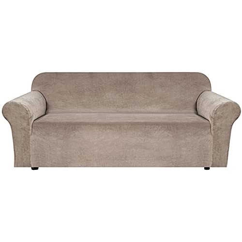 ENOVA FLORAL Sofa Slipcover Couch Covers, Ultra Soft Thick Stretch Velvet Fabric Sofa Slipcover 3 Seater Couch Covers, Sofa Durable Furniture Protector for Living Room (Taupe)