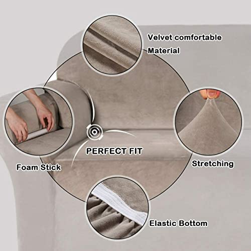 ENOVA FLORAL Sofa Slipcover Couch Covers, Ultra Soft Thick Stretch Velvet Fabric Sofa Slipcover 3 Seater Couch Covers, Sofa Durable Furniture Protector for Living Room (Taupe)