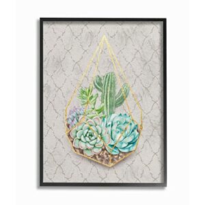 stupell industries succulent basket gold grey watercolor pattern painting, design by artist ziwei li wall art, 24 x 30, black framed