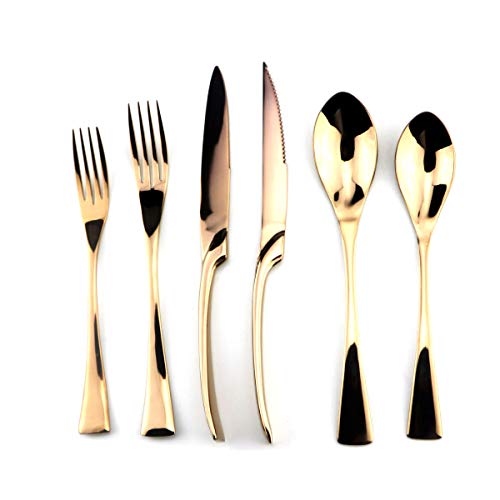 Uniturcky Rose Gold Stainless Steel Mirror Polished Flatware Set , Steak Knife Dinnerware Knife Fork Salad Fork Dessert Spoon 6-piece, Service for 1