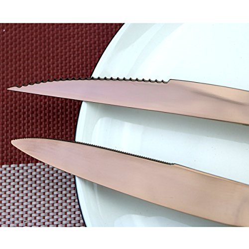 Uniturcky Rose Gold Stainless Steel Mirror Polished Flatware Set , Steak Knife Dinnerware Knife Fork Salad Fork Dessert Spoon 6-piece, Service for 1