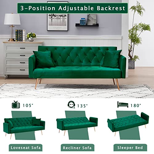 KINFFICT Velvet Futon Sofa Bed with 2 Pillows, Convertible Sleeper Sofa Couch with 3 Angle Adjustable Backrest, Modern Loveseat with 4 Golden Metal Legs for Living Room and Bedroom (Green)