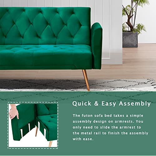 KINFFICT Velvet Futon Sofa Bed with 2 Pillows, Convertible Sleeper Sofa Couch with 3 Angle Adjustable Backrest, Modern Loveseat with 4 Golden Metal Legs for Living Room and Bedroom (Green)