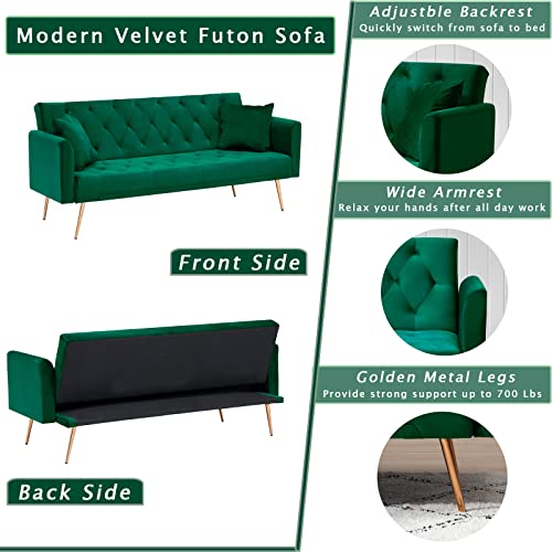 KINFFICT Velvet Futon Sofa Bed with 2 Pillows, Convertible Sleeper Sofa Couch with 3 Angle Adjustable Backrest, Modern Loveseat with 4 Golden Metal Legs for Living Room and Bedroom (Green)