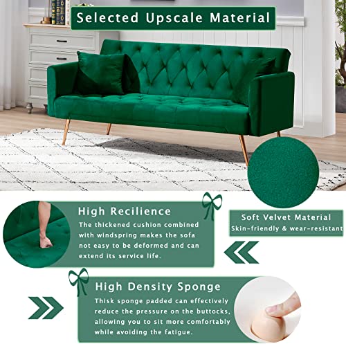 KINFFICT Velvet Futon Sofa Bed with 2 Pillows, Convertible Sleeper Sofa Couch with 3 Angle Adjustable Backrest, Modern Loveseat with 4 Golden Metal Legs for Living Room and Bedroom (Green)