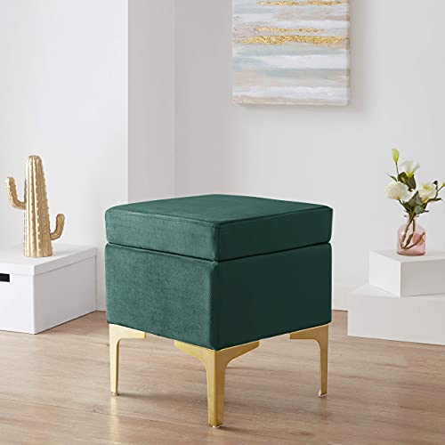 Ornavo Home Madison Modern Contemporary Square Upholstered Velvet Ottoman - Vanity Chair - Gold Metal Legs - Emerald Green