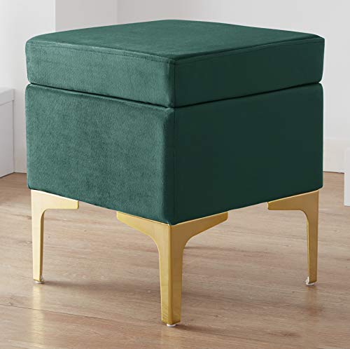 Ornavo Home Madison Modern Contemporary Square Upholstered Velvet Ottoman - Vanity Chair - Gold Metal Legs - Emerald Green