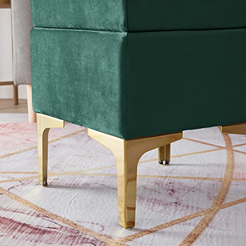 Ornavo Home Madison Modern Contemporary Square Upholstered Velvet Ottoman - Vanity Chair - Gold Metal Legs - Emerald Green