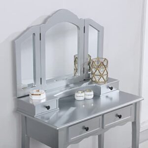 Roundhill Furniture Sanlo Wooden Vanity | Make Up Table and Stool Set | Silver