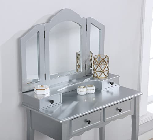 Roundhill Furniture Sanlo Wooden Vanity | Make Up Table and Stool Set | Silver