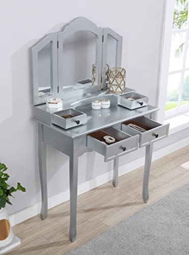 Roundhill Furniture Sanlo Wooden Vanity | Make Up Table and Stool Set | Silver