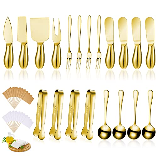 Patelai Spreader Knife Set Cheese Butter Spreader Knife Cheese Slicer Knife Stainless Steel Blade with Handles Mini Serving Tongs Spoons and Forks for Birthday Wedding Christmas (20, Golden)