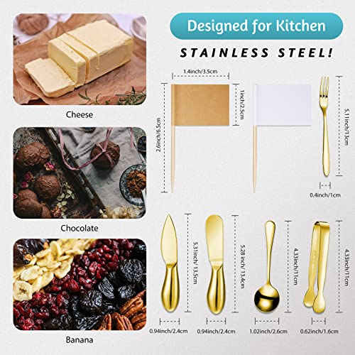 Patelai Spreader Knife Set Cheese Butter Spreader Knife Cheese Slicer Knife Stainless Steel Blade with Handles Mini Serving Tongs Spoons and Forks for Birthday Wedding Christmas (20, Golden)