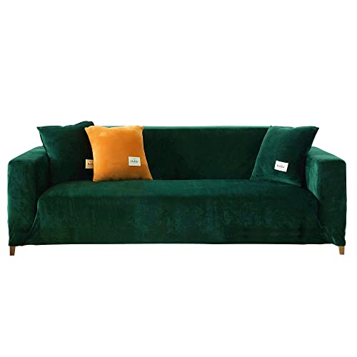 Stretch Sofa Slipcover, Soft Velvet Couch Sofa Cover Furniture Protector with Non Skid Foam and Elastic Bottom (Dark-Green, X-Large)