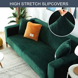 Stretch Sofa Slipcover, Soft Velvet Couch Sofa Cover Furniture Protector with Non Skid Foam and Elastic Bottom (Dark-Green, X-Large)