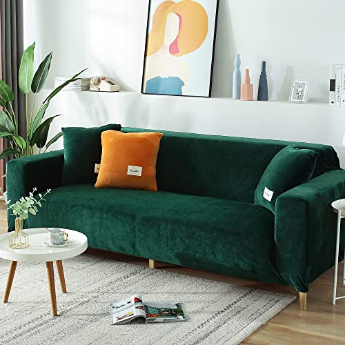 Stretch Sofa Slipcover, Soft Velvet Couch Sofa Cover Furniture Protector with Non Skid Foam and Elastic Bottom (Dark-Green, X-Large)