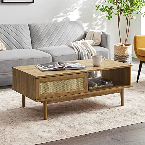 mopio Haylee Modern Boho Rectangle Farmhouse Coffee Table with Adjustable Natural Rattan Wicker Sliding Door, Solid Wood Leg, & Dual Storage Shelf for Living Room, Includes Leveler (Natural Oak)