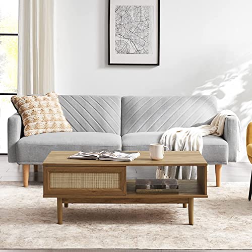 mopio Haylee Modern Boho Rectangle Farmhouse Coffee Table with Adjustable Natural Rattan Wicker Sliding Door, Solid Wood Leg, & Dual Storage Shelf for Living Room, Includes Leveler (Natural Oak)