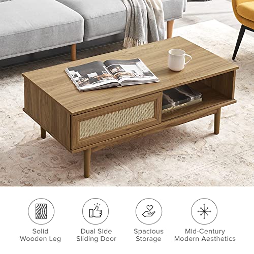 mopio Haylee Modern Boho Rectangle Farmhouse Coffee Table with Adjustable Natural Rattan Wicker Sliding Door, Solid Wood Leg, & Dual Storage Shelf for Living Room, Includes Leveler (Natural Oak)