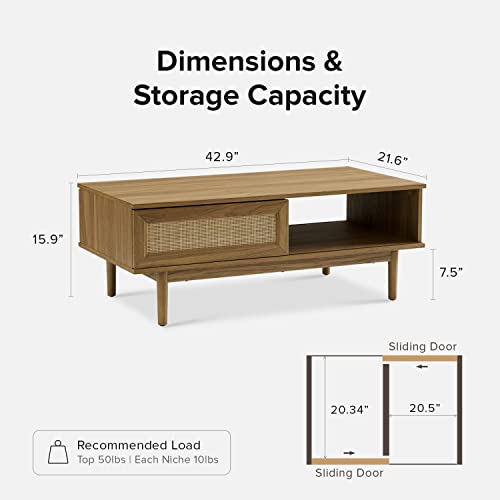 mopio Haylee Modern Boho Rectangle Farmhouse Coffee Table with Adjustable Natural Rattan Wicker Sliding Door, Solid Wood Leg, & Dual Storage Shelf for Living Room, Includes Leveler (Natural Oak)