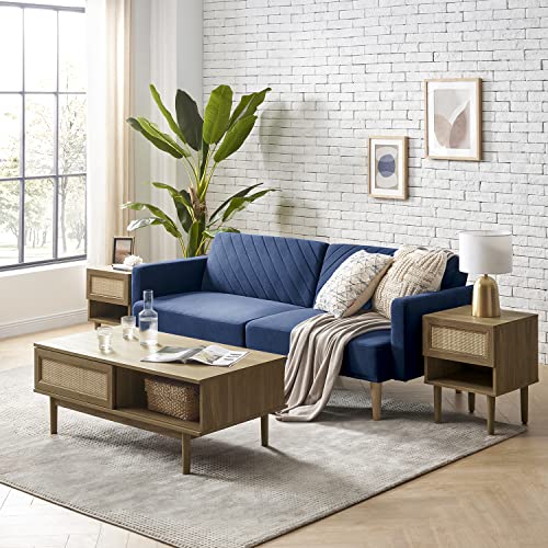 mopio Haylee Modern Boho Rectangle Farmhouse Coffee Table with Adjustable Natural Rattan Wicker Sliding Door, Solid Wood Leg, & Dual Storage Shelf for Living Room, Includes Leveler (Natural Oak)