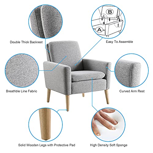 Lohoms Mid-Century Modern Accent Chair Fabric Upholstered Comfy Reading Arm Chair for Bedroom, Living Room Stuffed Seat Single Sofa Chair with Wood Legs - Grey