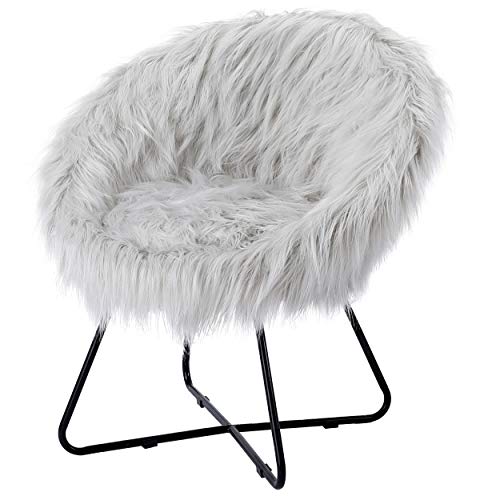 BIRDROCK HOME Grey Faux Fur Papasan Chair with Black Legs - Kids Bedroom Moon Chair - Comfy Wide Cushion Seat - Living Room Saucer - Metal - Fluffy Round Seat - Circle