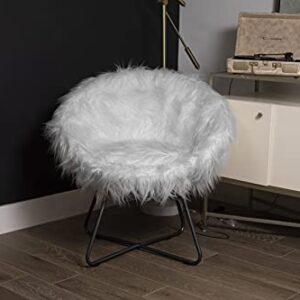 BIRDROCK HOME Grey Faux Fur Papasan Chair with Black Legs - Kids Bedroom Moon Chair - Comfy Wide Cushion Seat - Living Room Saucer - Metal - Fluffy Round Seat - Circle