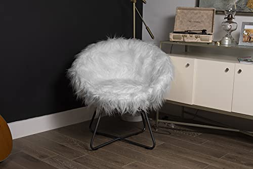 BIRDROCK HOME Grey Faux Fur Papasan Chair with Black Legs - Kids Bedroom Moon Chair - Comfy Wide Cushion Seat - Living Room Saucer - Metal - Fluffy Round Seat - Circle