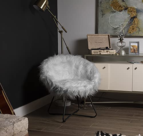 BIRDROCK HOME Grey Faux Fur Papasan Chair with Black Legs - Kids Bedroom Moon Chair - Comfy Wide Cushion Seat - Living Room Saucer - Metal - Fluffy Round Seat - Circle