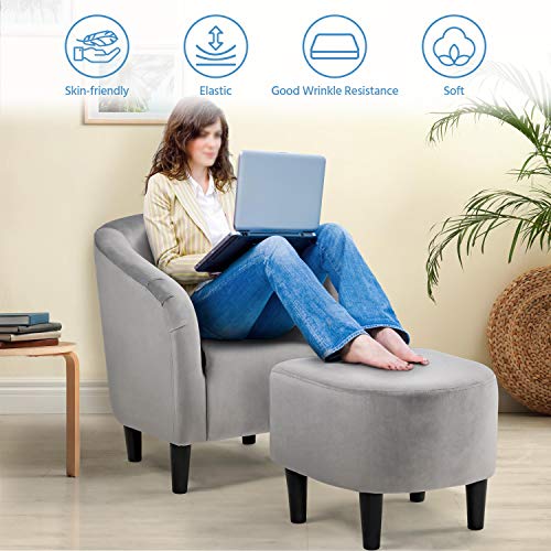 Yaheetech Lounge Chair & Ottoman Modern Chaise Lounge Armchair with Footstool Velvet Lounge Reading Chair with Footrest Grey