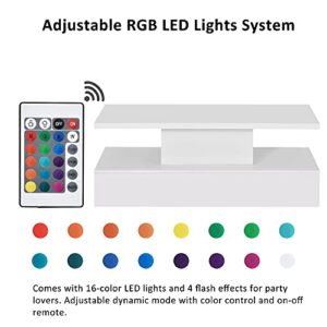 Merax 47.2'' 2-Tier LED Light White Coffee Table, Modern Industrial Design Cocktail Table with 16-Color LED Lighting and a Remote Control for Livingroom