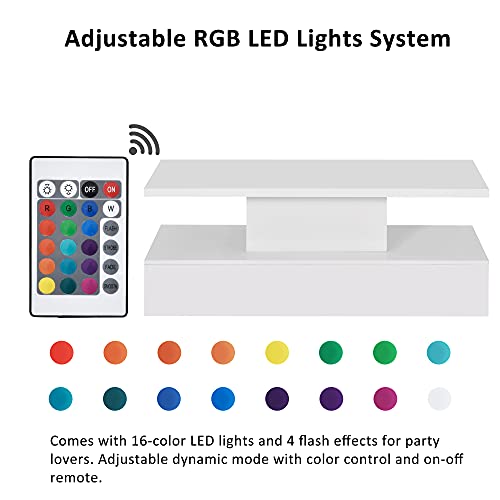 Merax 47.2'' 2-Tier LED Light White Coffee Table, Modern Industrial Design Cocktail Table with 16-Color LED Lighting and a Remote Control for Livingroom