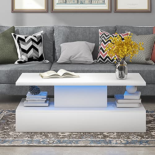 Merax 47.2'' 2-Tier LED Light White Coffee Table, Modern Industrial Design Cocktail Table with 16-Color LED Lighting and a Remote Control for Livingroom