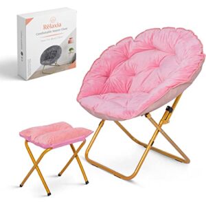 Rëlaxia Saucer Chair with Footrest | 31.5x31.5x31.5’’ | Fluffy Faux Fur Moon Chair with Steel Legs | Foldable Comfy Chair for Bedroom | Stylish Saucer Chairs for Adults and Kids - Pink