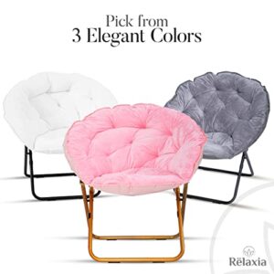 Rëlaxia Saucer Chair with Footrest | 31.5x31.5x31.5’’ | Fluffy Faux Fur Moon Chair with Steel Legs | Foldable Comfy Chair for Bedroom | Stylish Saucer Chairs for Adults and Kids - Pink