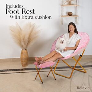 Rëlaxia Saucer Chair with Footrest | 31.5x31.5x31.5’’ | Fluffy Faux Fur Moon Chair with Steel Legs | Foldable Comfy Chair for Bedroom | Stylish Saucer Chairs for Adults and Kids - Pink