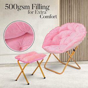 Rëlaxia Saucer Chair with Footrest | 31.5x31.5x31.5’’ | Fluffy Faux Fur Moon Chair with Steel Legs | Foldable Comfy Chair for Bedroom | Stylish Saucer Chairs for Adults and Kids - Pink