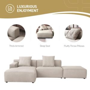 Acanva Luxury Modern Modular L-Shape Sectional Sofa Set, 3 Seat Upholstered Couch with Chaise Lounge for Living Room Bedroom Apartment, Cream