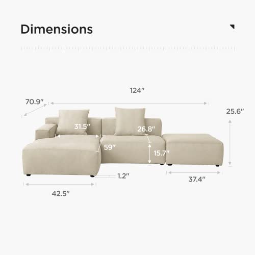 Acanva Luxury Modern Modular L-Shape Sectional Sofa Set, 3 Seat Upholstered Couch with Chaise Lounge for Living Room Bedroom Apartment, Cream