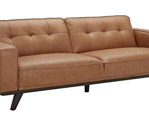 Amazon Brand – Rivet Bigelow Modern Leather Sofa Couch with Wood Base, 89.4"W, Cognac / Espresso