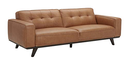 Amazon Brand – Rivet Bigelow Modern Leather Sofa Couch with Wood Base, 89.4"W, Cognac / Espresso