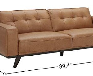 Amazon Brand – Rivet Bigelow Modern Leather Sofa Couch with Wood Base, 89.4"W, Cognac / Espresso