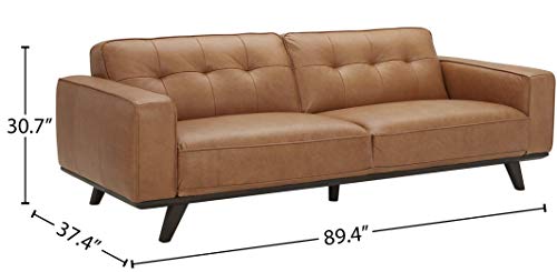 Amazon Brand – Rivet Bigelow Modern Leather Sofa Couch with Wood Base, 89.4"W, Cognac / Espresso